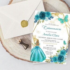 Editable Quinceanera Invitation Template, Blue and Gold Quinceanera ...