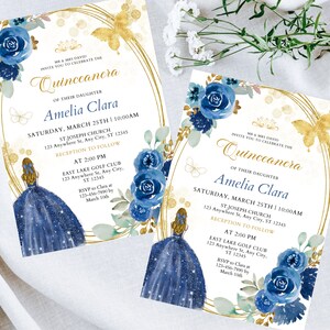 Editable Wildflower Quinceanera Invitation, Blue and Gold (digital ...
