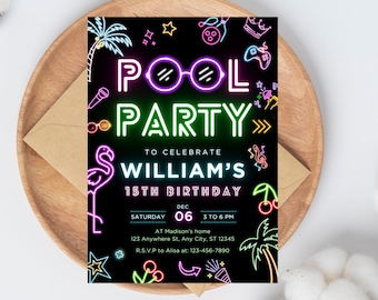 Editable Pool Party Ticket Invitation, Glow Water Park Ticket, Tropical ...