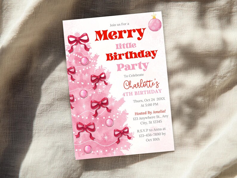 Editable Pink Christmas Merry Little Birthday Girl Invitation, Holiday ...