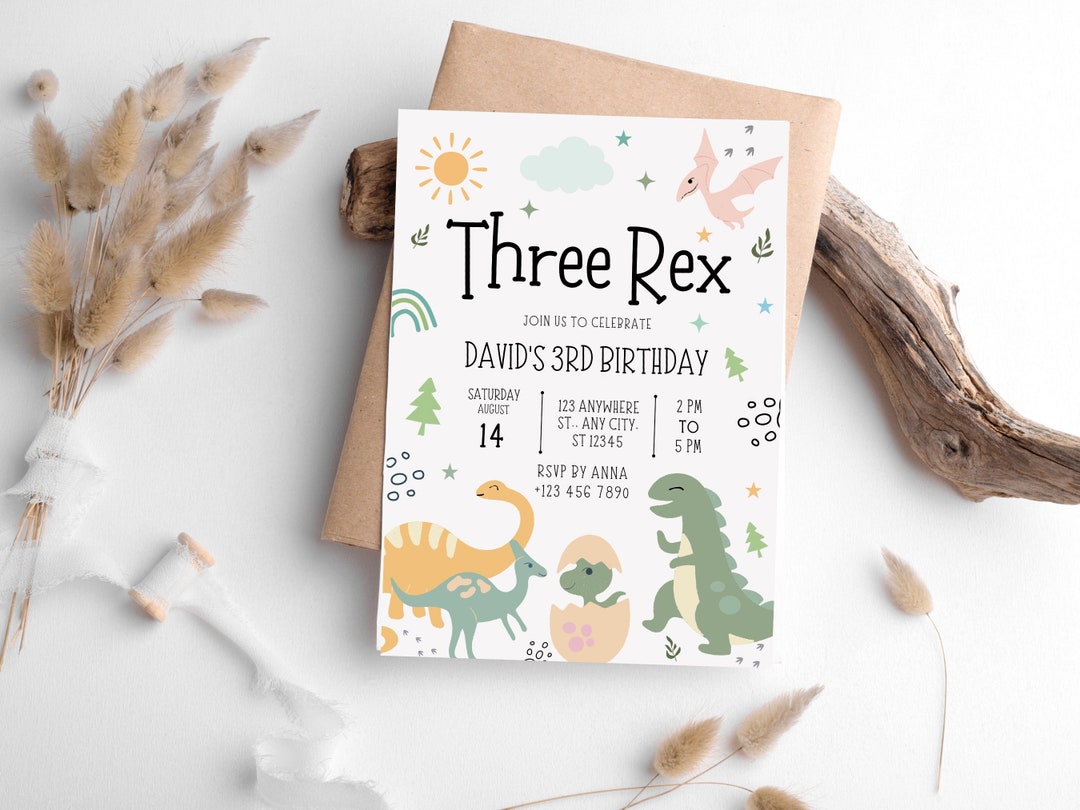 Editable Three Rex Birthday Invitation, Dinosaur Invite (digital ...