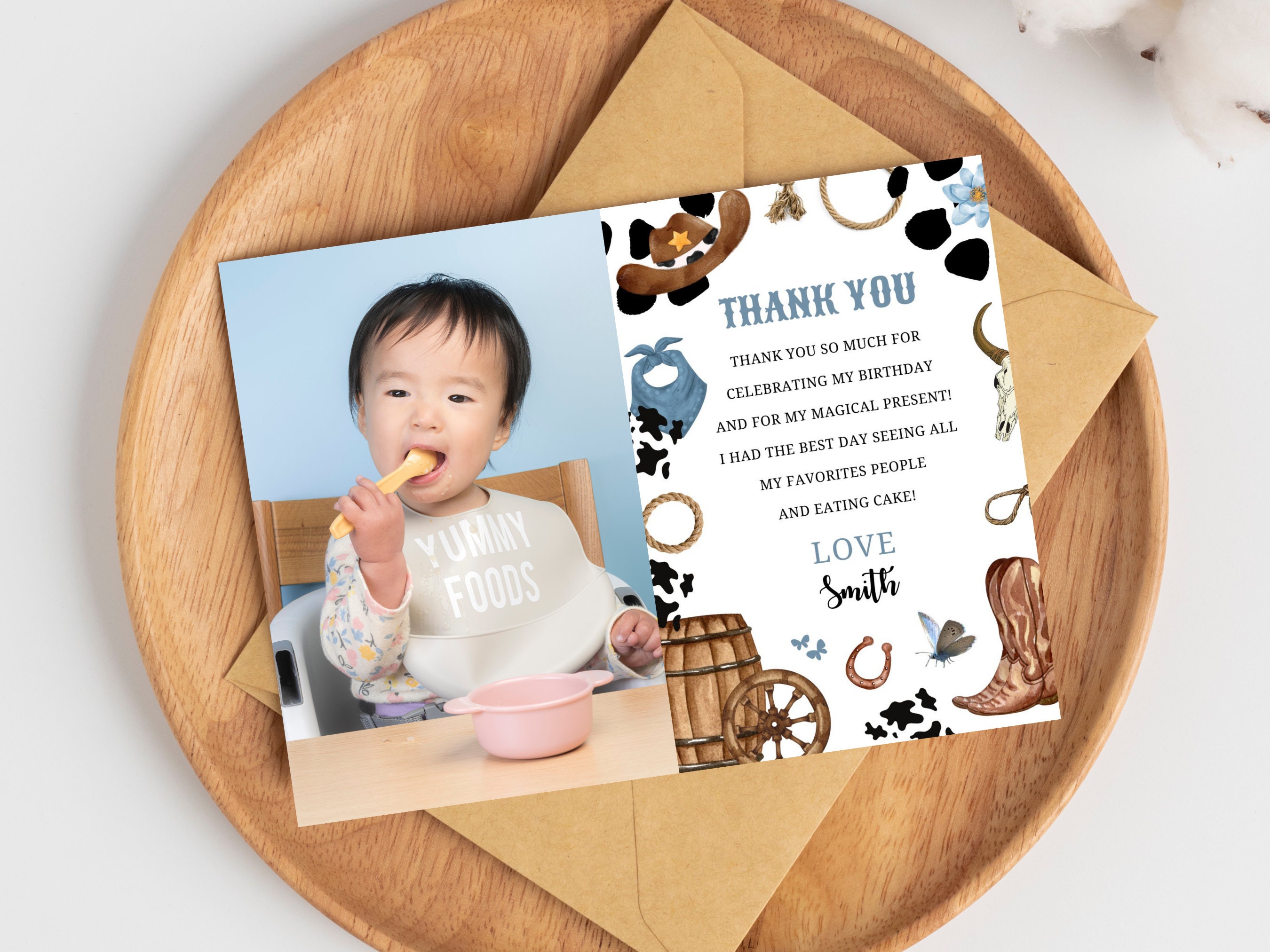 My First Rodeo Thank You Card With Photo, Cowboy Birthday Thank You ...