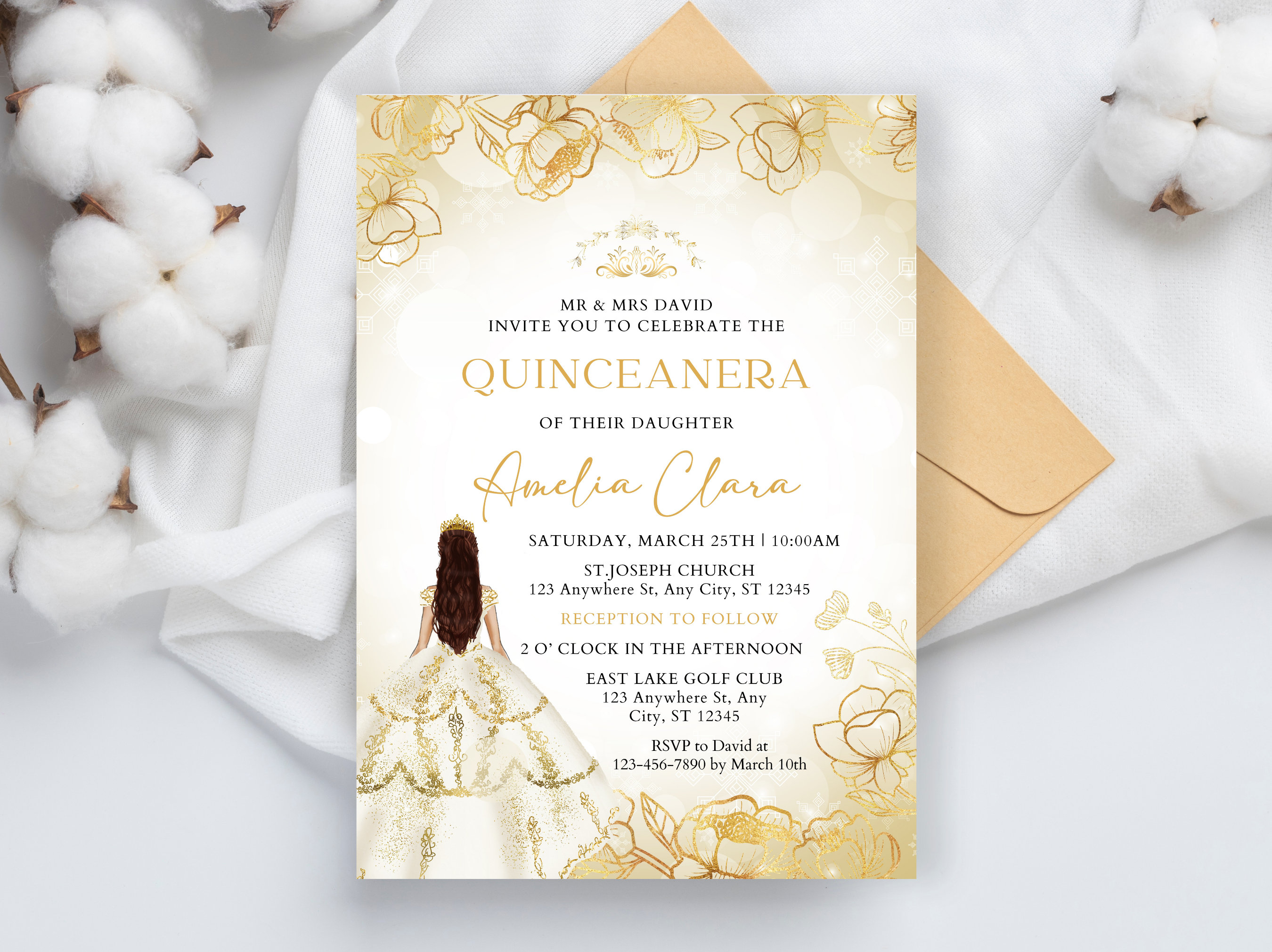 Editable Gold Quinceañera Invitation Template, Floral Quinceañera ...