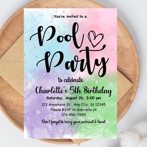 Editable Pool Party Invitation, Pool Party Birthday Invite, Glow Neon ...