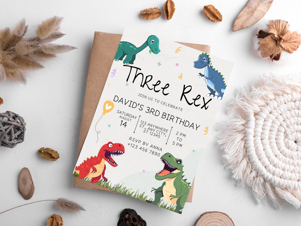 Editable Three Rex Birthday Invitation Template, Dinosaur Birthday ...