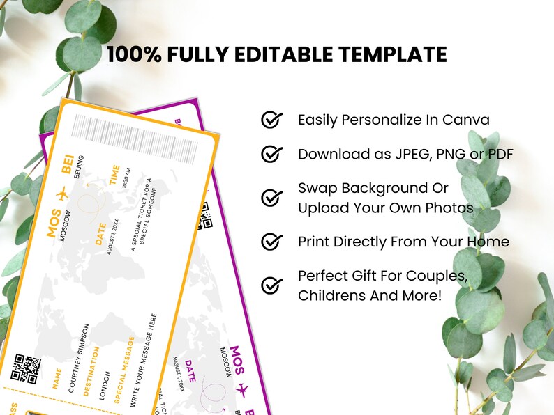 Editable Boarding Pass Canva Template, Printable Airline Ticket ...