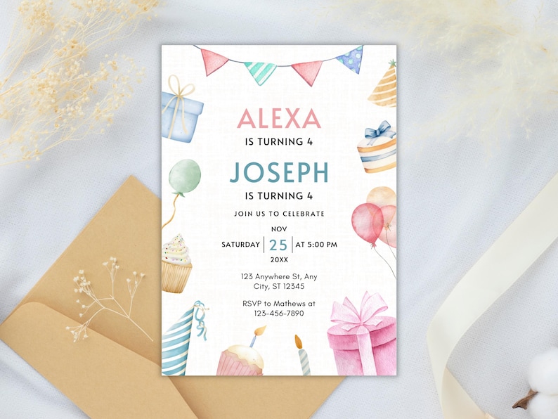 Editable Joint Birthday Invitation Template: Sibling Celebration (PDF ...