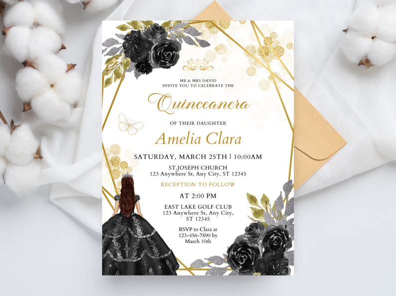 Editable Wildflower Quinceanera Invitation Template, Black and Gold ...