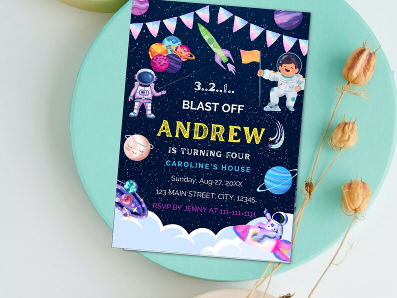 Editable Outer Space Birthday Invitation Template, Astronaut Planets ...