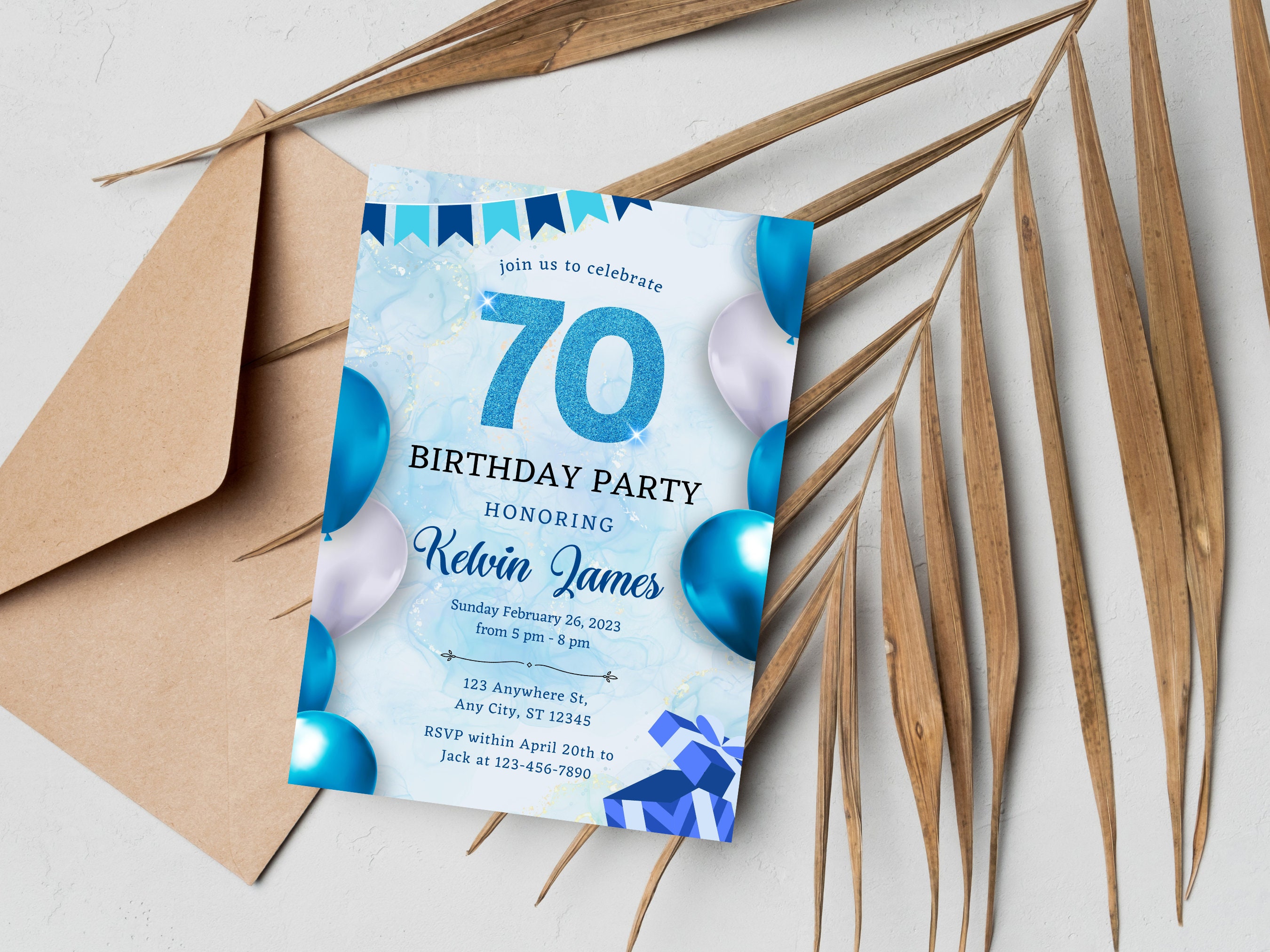 Editable 70th Birthday Invitation Template, Floral Green Birthday ...