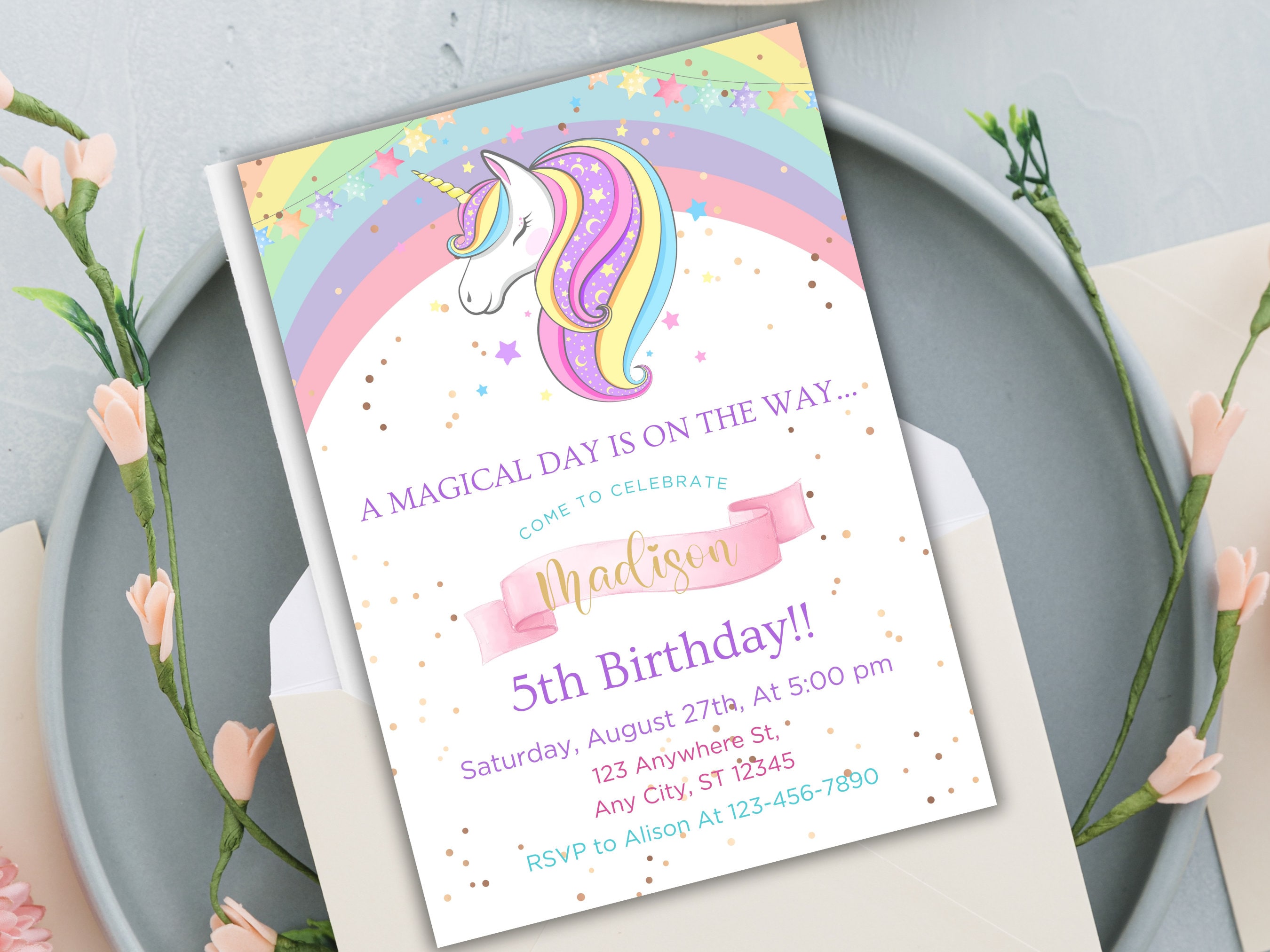 Unicorn Birthday Invitation Template, Rainbow Unicorn Party Invite ...
