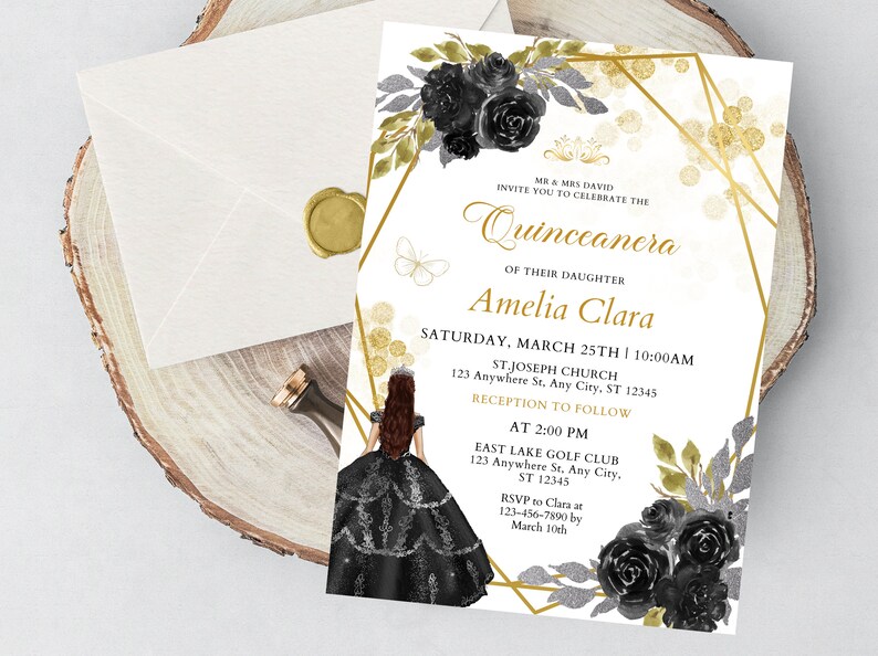 Editable Wildflower Quinceanera Invitation Template, Black and Gold ...