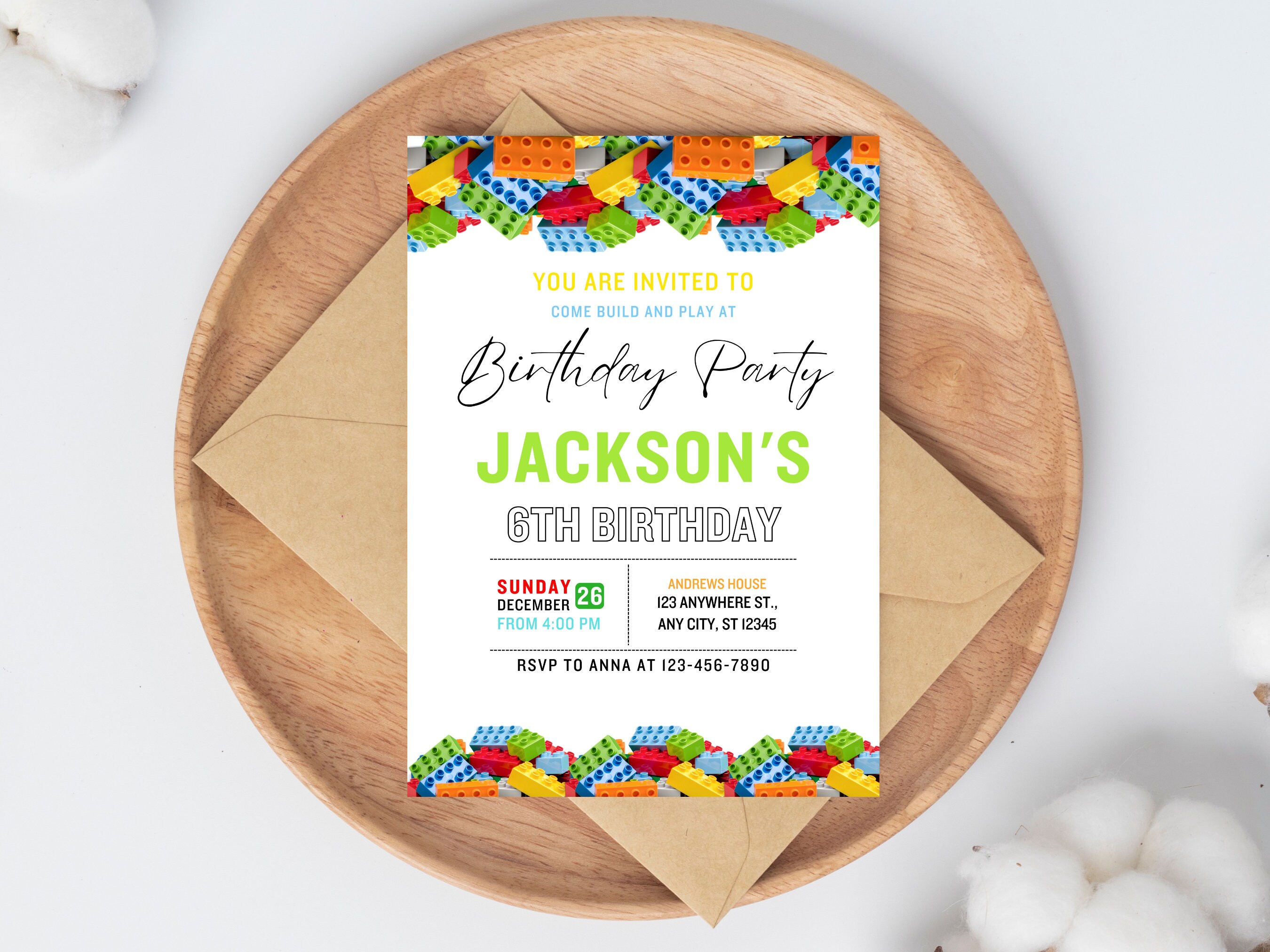Building Blocks Birthday Invitation, Building Bricks Kids Birthday ...