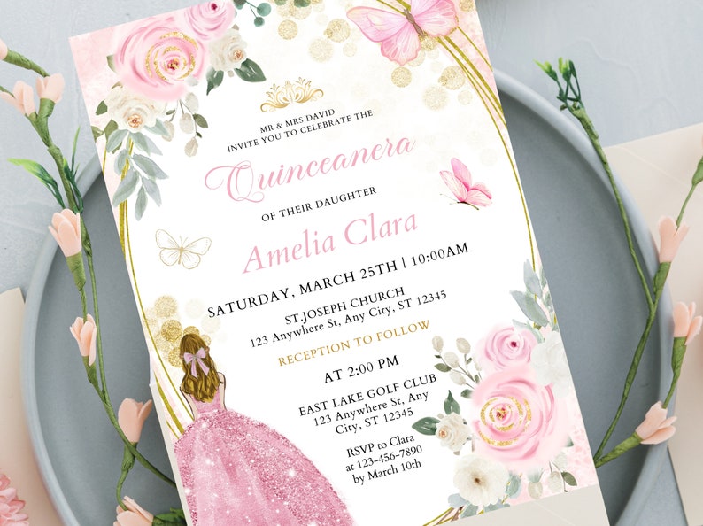 Editable Wildflower Quinceanera Invitation Template, Baby Pink ...
