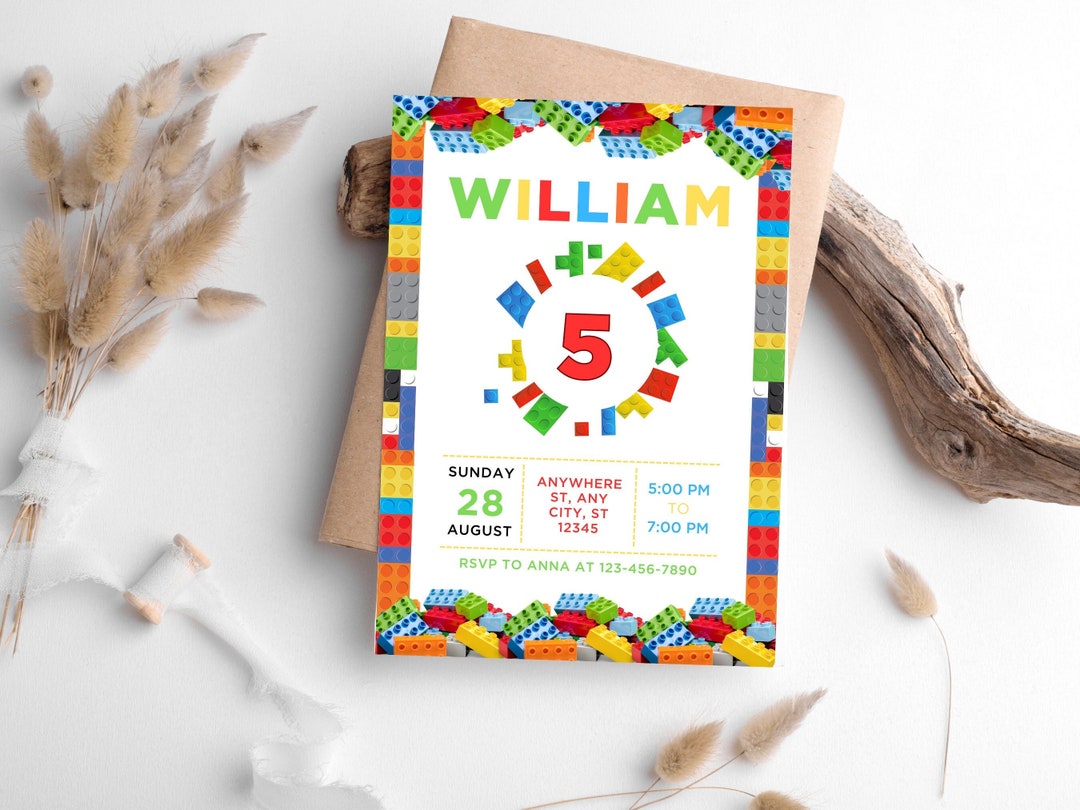 Building Blocks Birthday Invitation, Building Bricks Kids Birthday ...