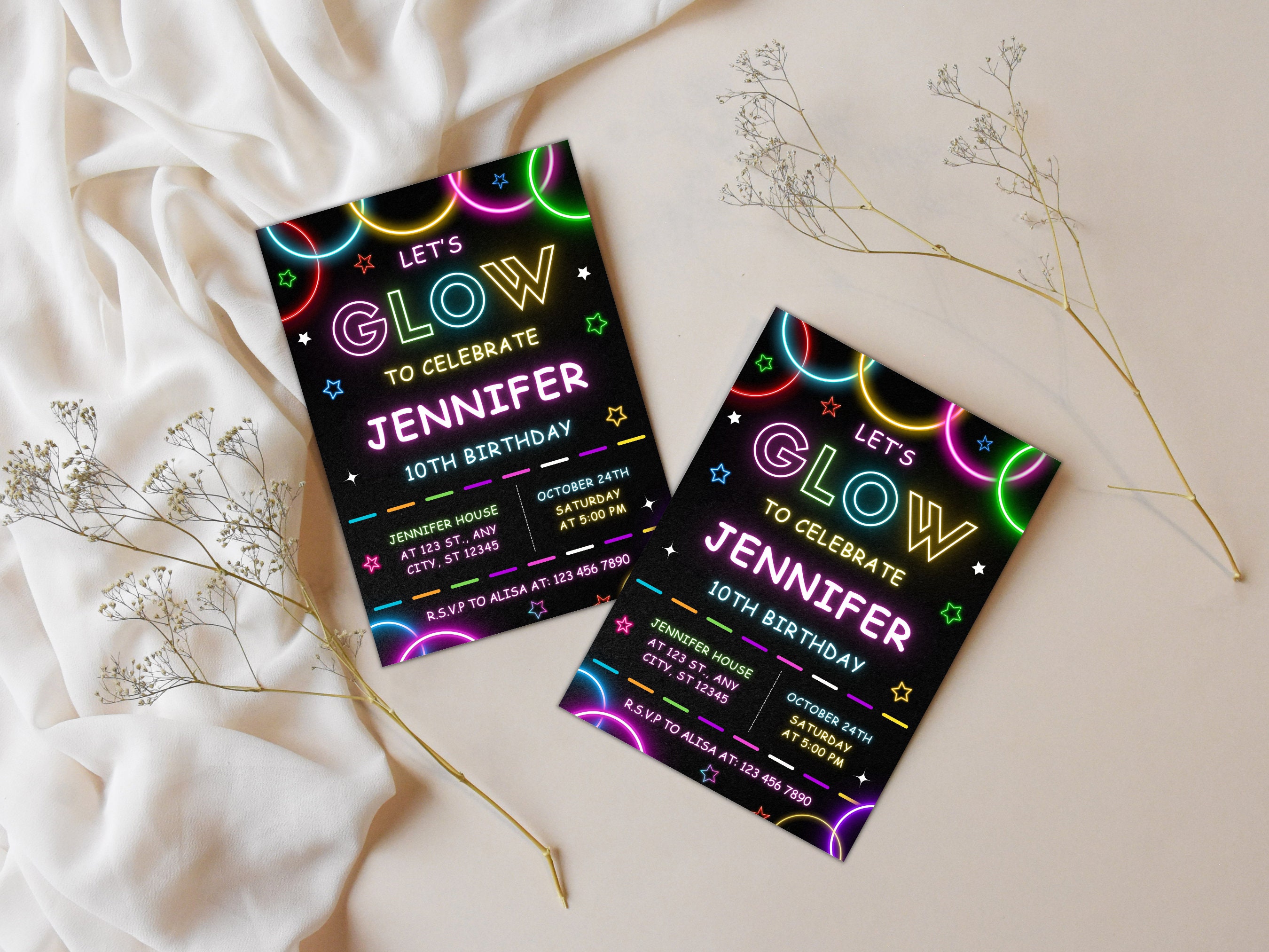 Editable Glow Party Birthday Invitation Template, Neon Party Invite ...