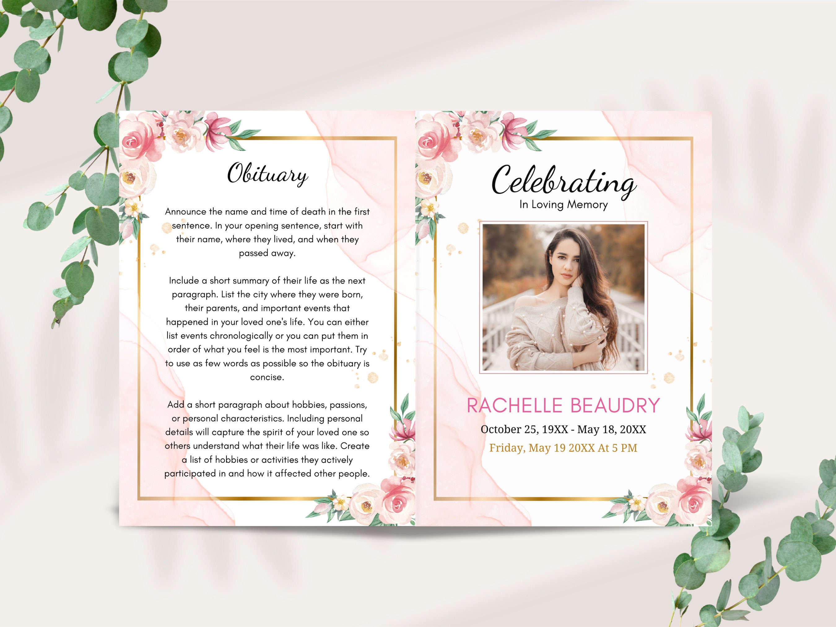 Editable Funeral Program Template, Obituary, Bi-fold (canva Template ...