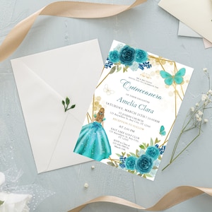 Editable Quinceanera Invitation Template, Blue and Gold Quinceanera ...