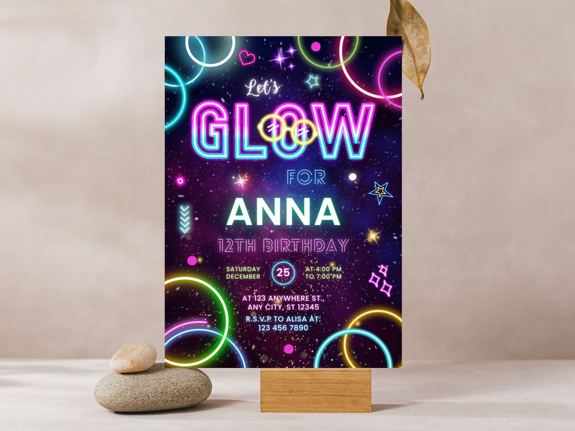Editable Glow Party Birthday Invitation Template, Neon Party Invite ...