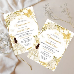 Editable Wildflower Quinceanera Invitation, Gold Butterfly (digital ...