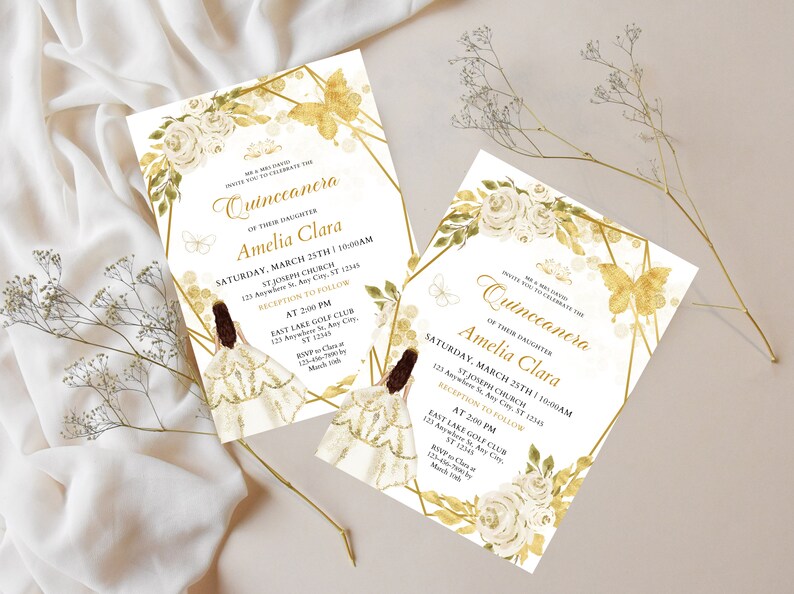 Editable Wildflower Quinceanera Invitation Template, Silver and Gold ...