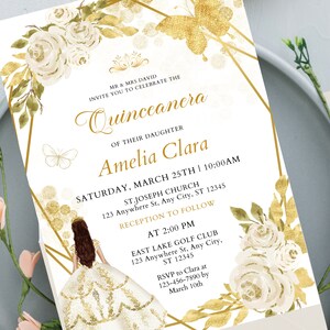 Editable Wildflower Quinceanera Invitation, Gold Butterfly (digital ...