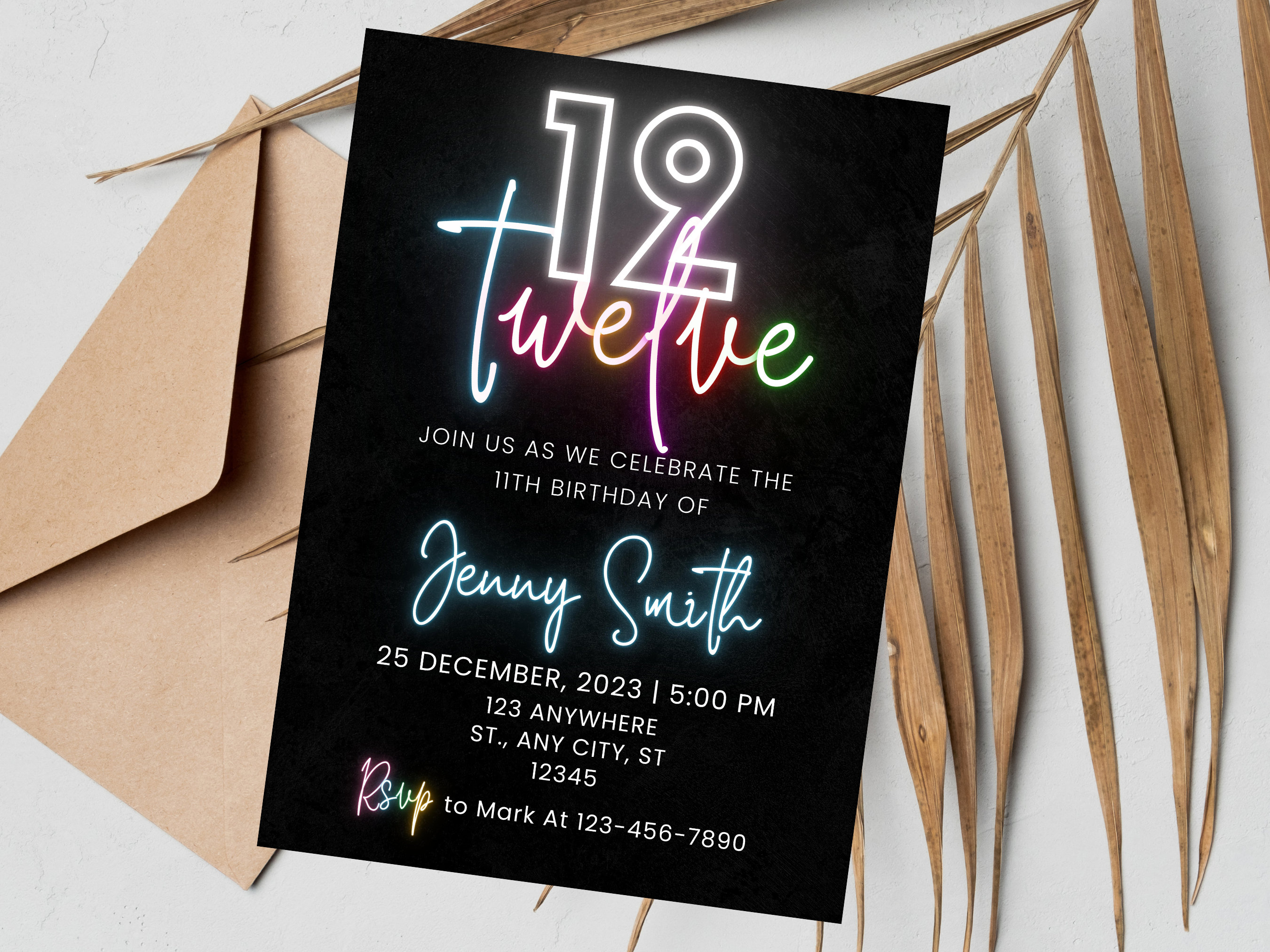 Editable Neon Birthday Invitation, Pink Birthday Invitation, 12th ...