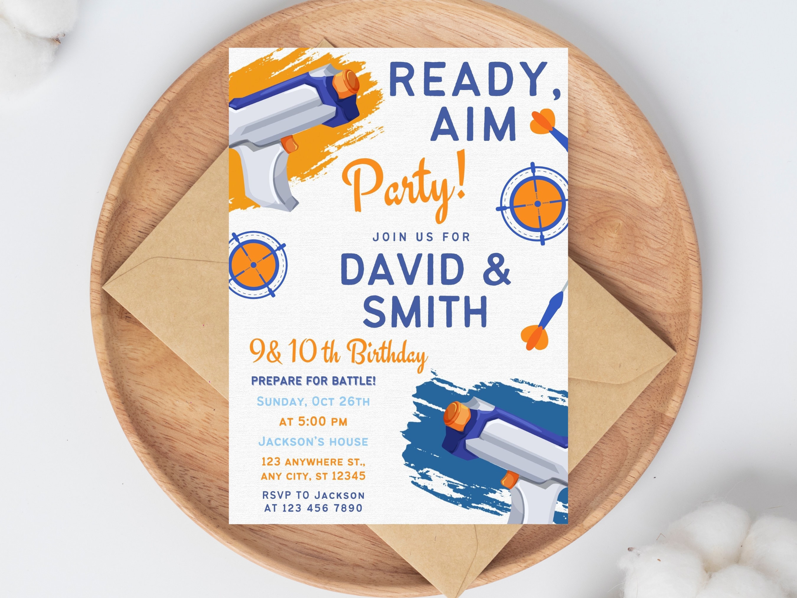 Editable Nerf Birthday Party Invitation, Siblings Birthday Invite, Dart ...