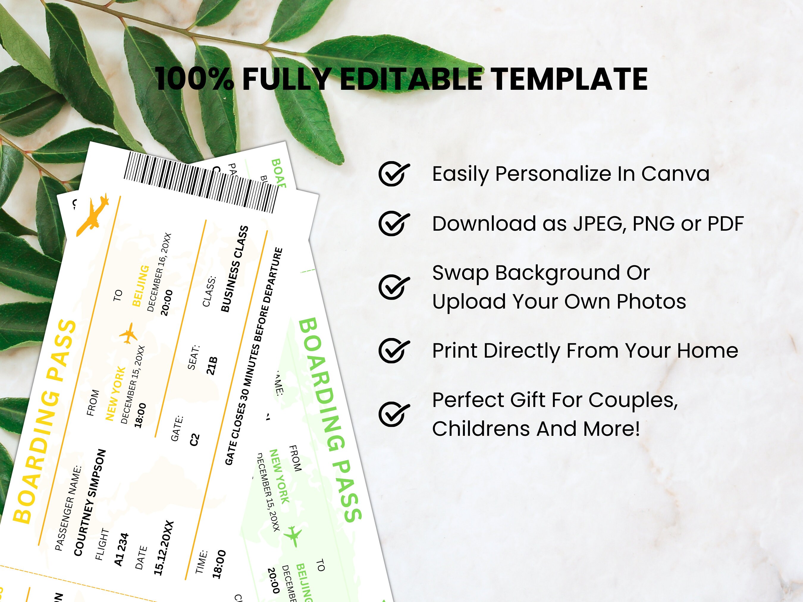 Editable Boarding Pass Canva Template, Printable Airline Ticket ...