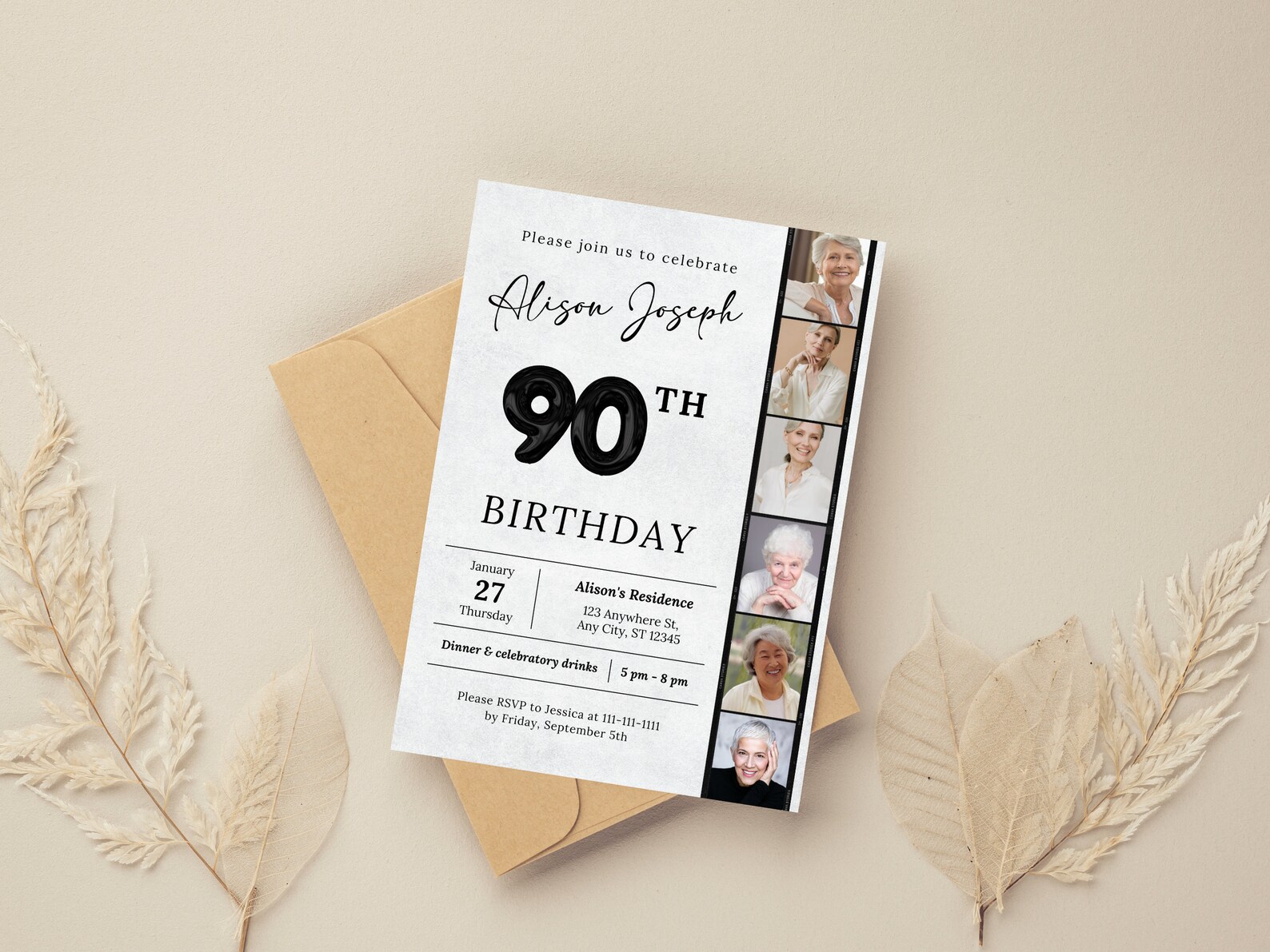 Minimalist 90th Birthday Party Invitation With Photo, 90th Birthday ...