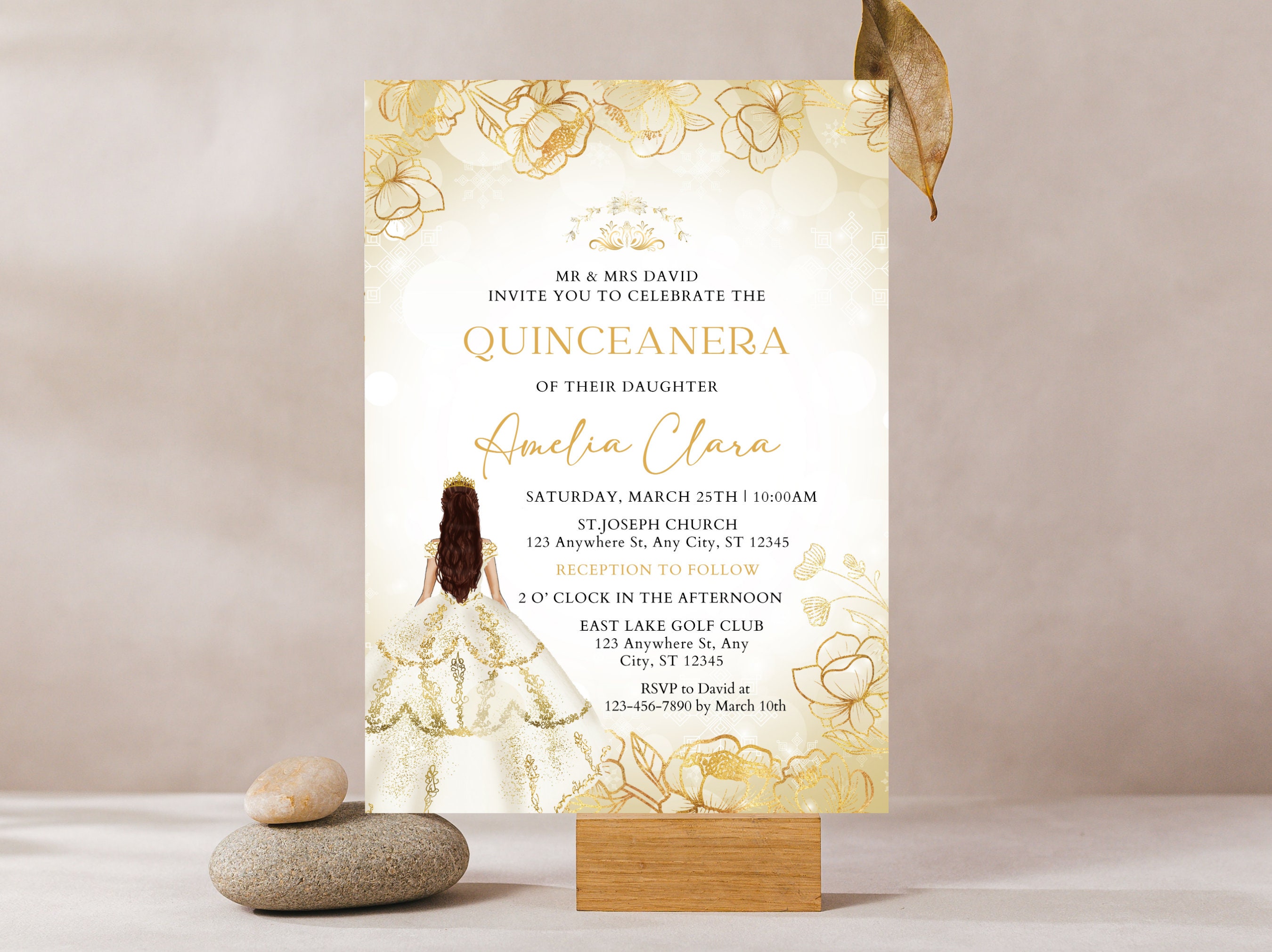 Editable Gold Quinceañera Invitation Template, Floral Quinceañera ...