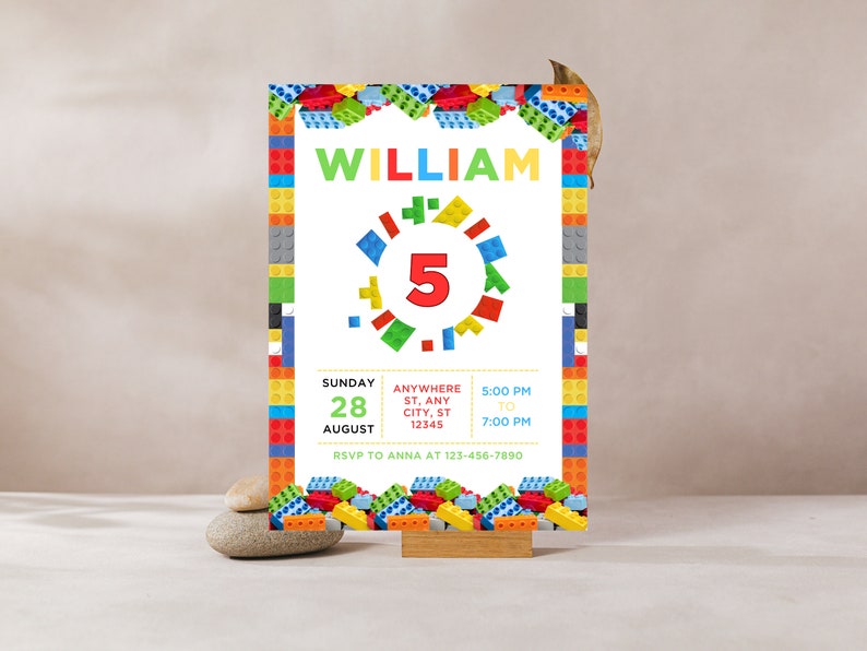 Building Blocks Birthday Invitation, Building Bricks Kids Birthday ...