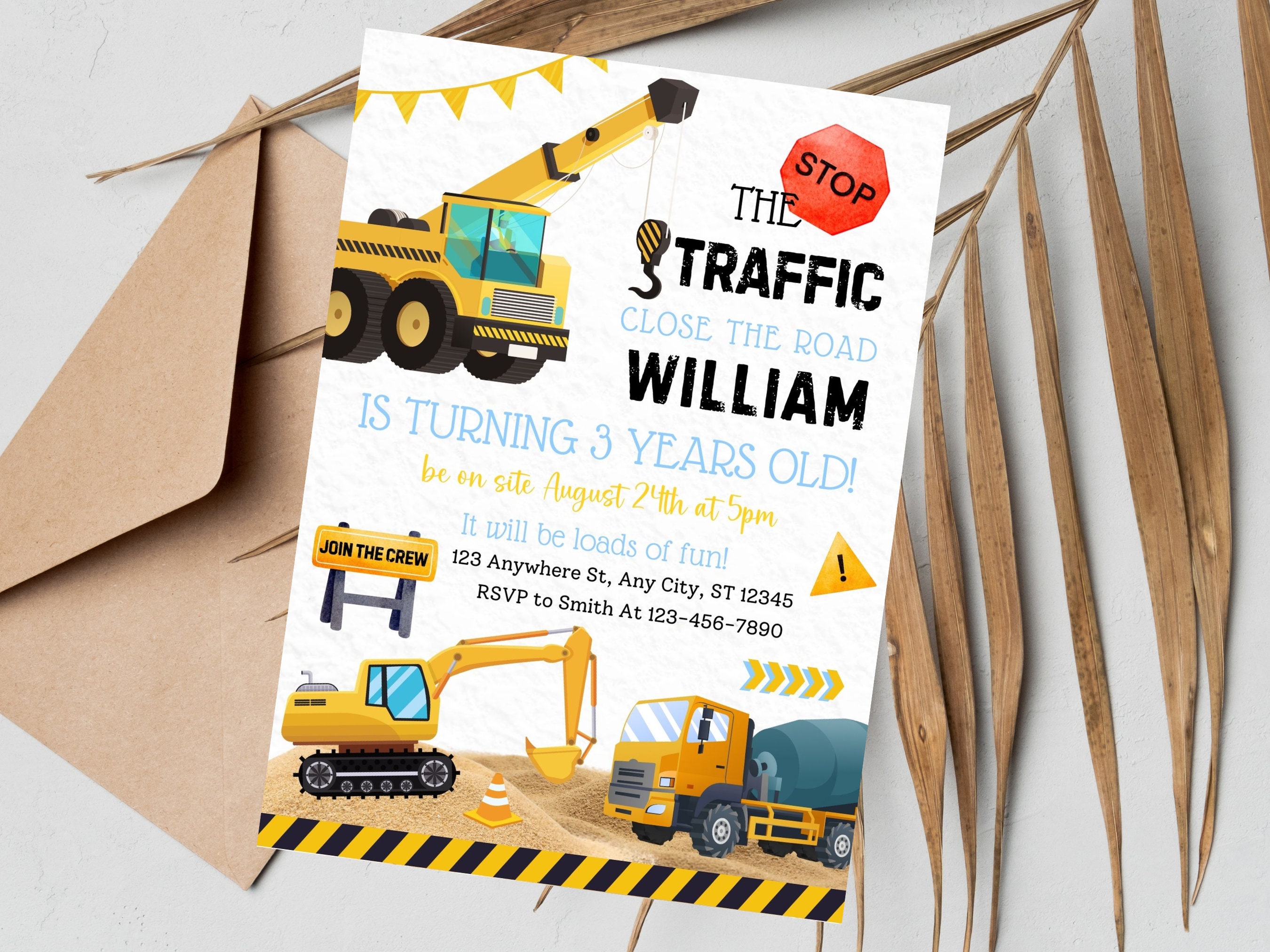 Construction Birthday Invitation Template, Editable Construction ...