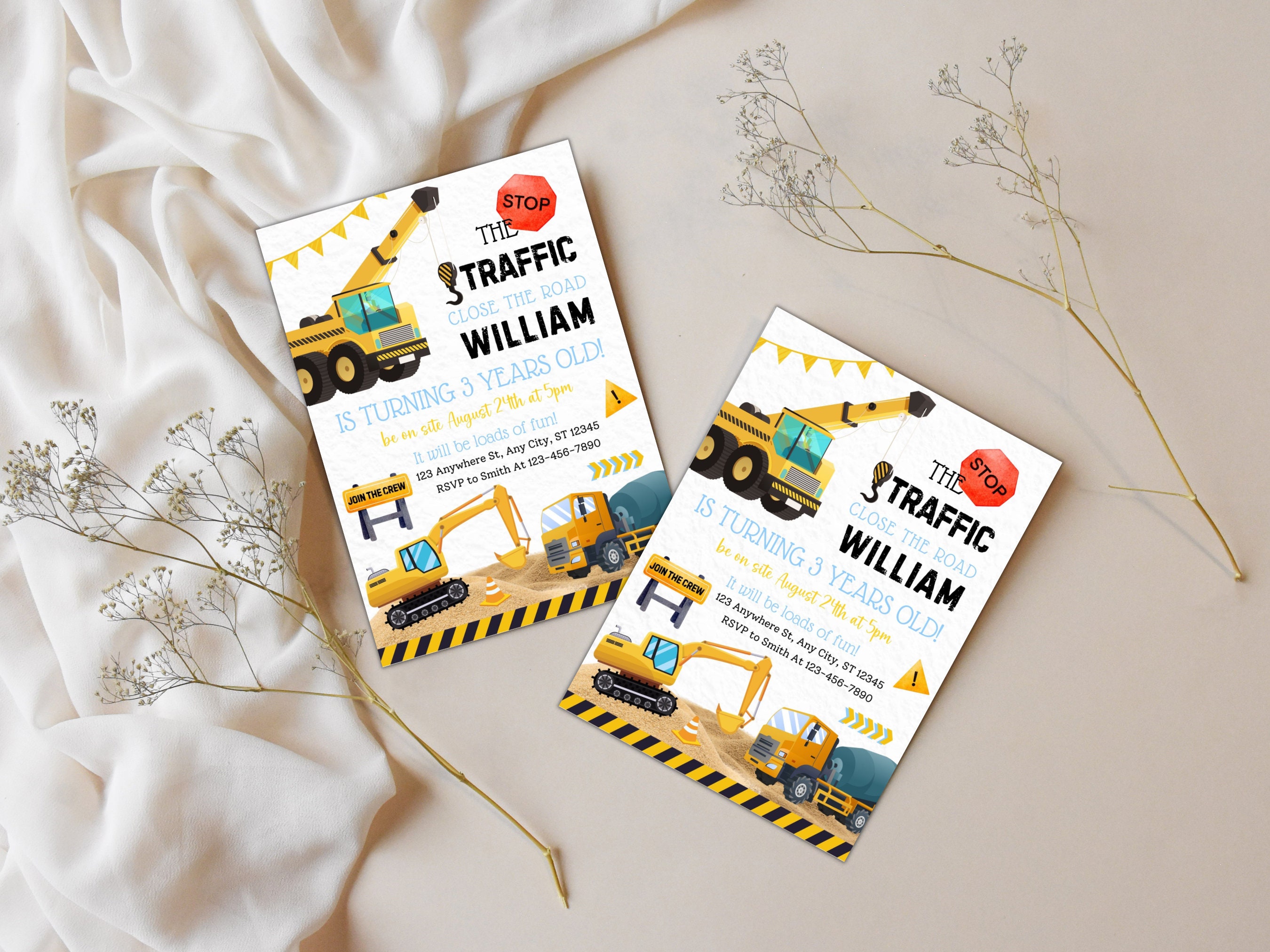 Construction Birthday Invitation Template, Editable Construction ...