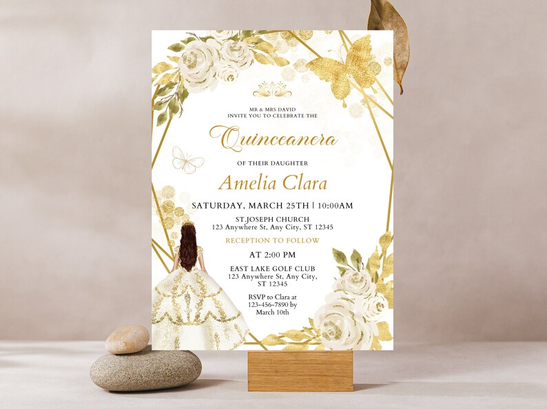 Editable Wildflower Quinceanera Invitation Template, Silver and Gold ...