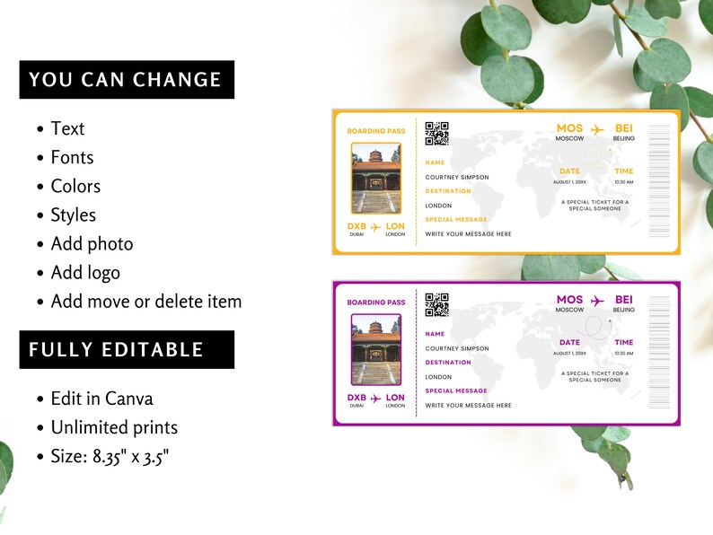 Editable Boarding Pass Canva Template, Printable Airline Ticket ...