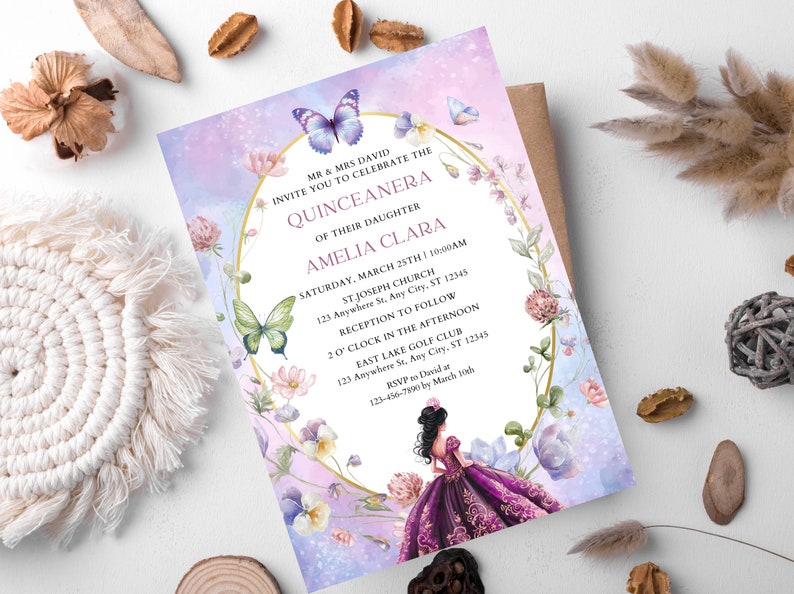 Lilac Purple Quinceañera Invitation Template, Gold Butterfly Party ...