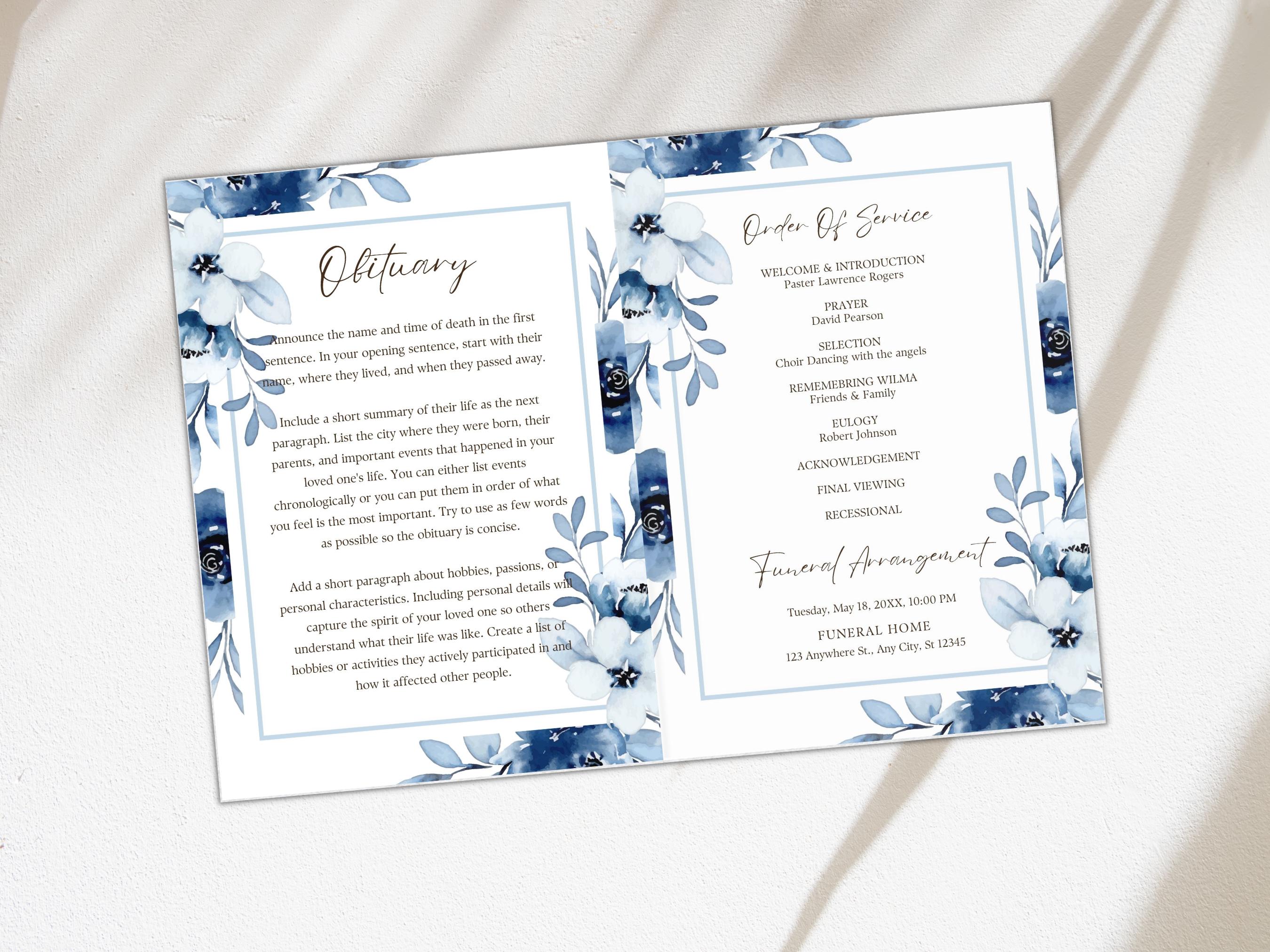 Editable Funeral Program Template, Bi-fold Obituary (digital Download ...
