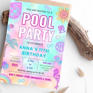 Editable Pool Party Invitation, Pool Party Birthday Invite, Glow Neon ...