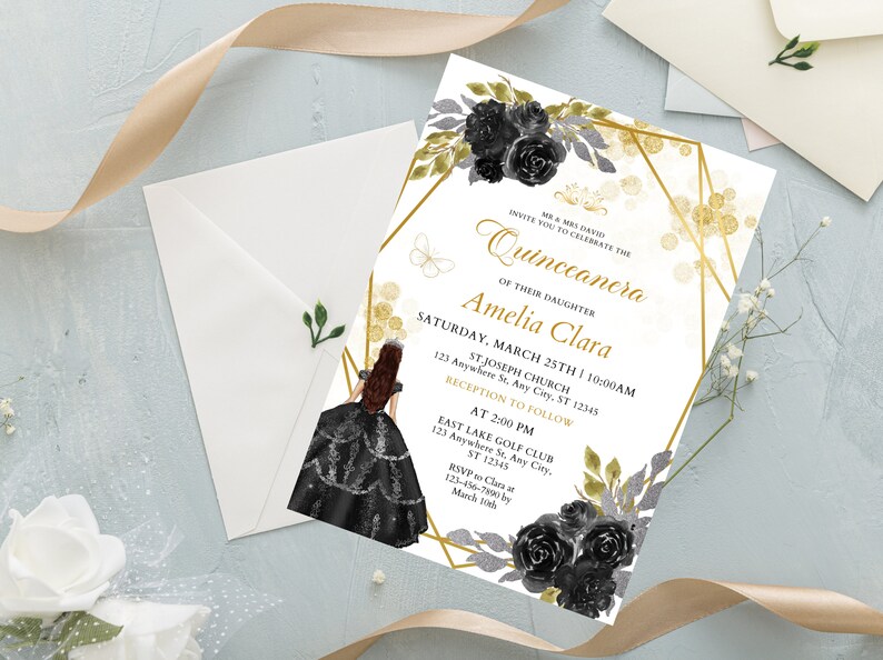 Editable Wildflower Quinceanera Invitation Template, Black and Gold ...