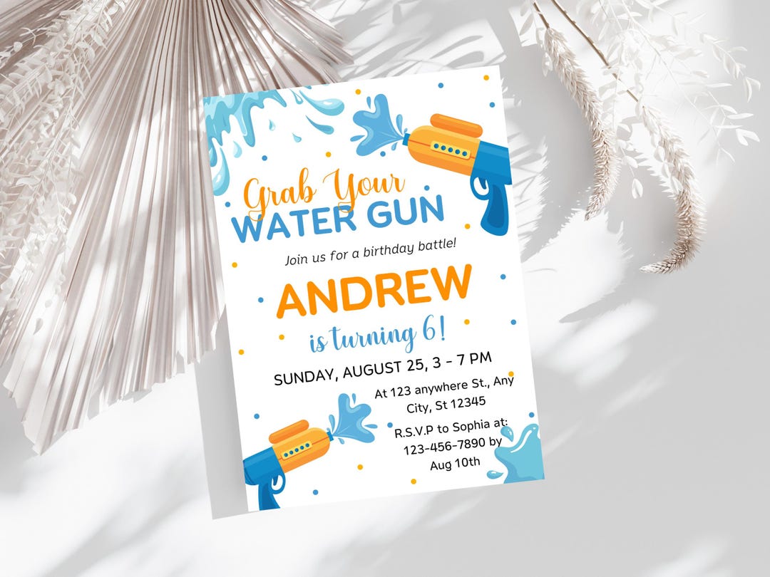 Water Gun Birthday Invitation Template, Editable Water Gun Invite ...