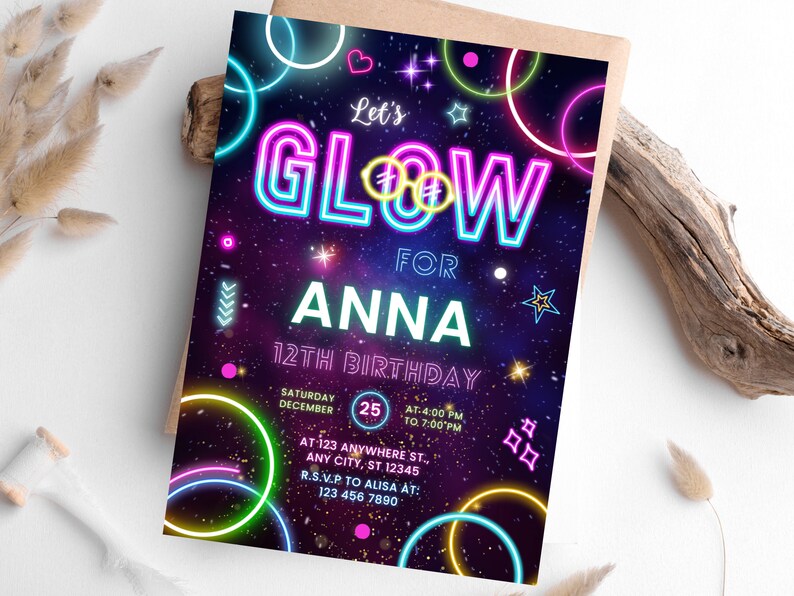Editable Glow Party Birthday Invitation Template, Neon Party Invite ...