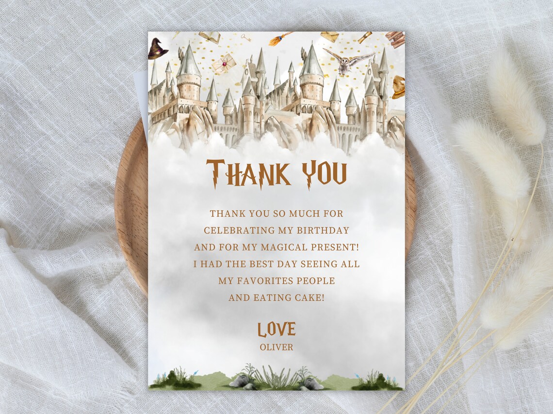 Editable Wizard Birthday Thank You Card, Magical Birthday Party Thank ...