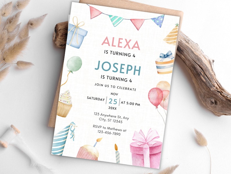 Editable Joint Birthday Invitation Template: Sibling Celebration (PDF ...