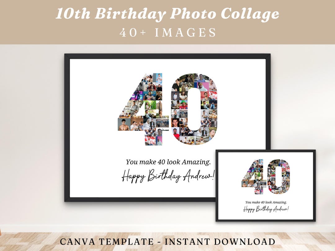 40th Birthday Photo Collage Template, Personalized Number 40 (digital ...