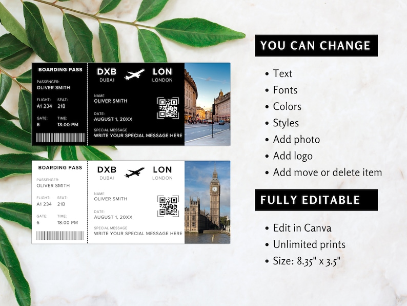 Editable Boarding Pass Canva Template, Printable Airline Ticket ...