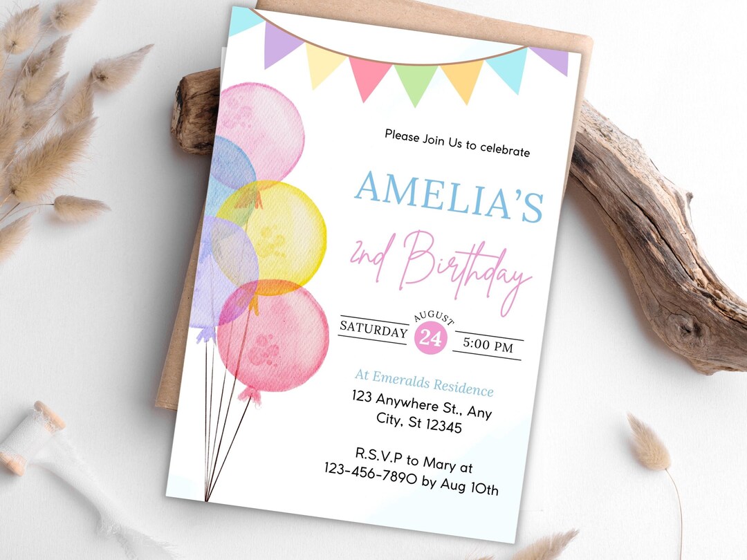 Balloon Birthday Invitation Template, Editable Balloon Birthday Invite ...