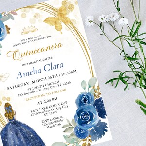 Editable Wildflower Quinceanera Invitation, Blue and Gold (digital ...