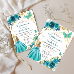Editable Quinceanera Invitation Template, Blue and Gold Quinceanera ...