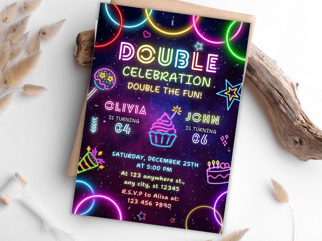 Editable Neon Joint Birthday Invitation Template (digital Download) - Etsy